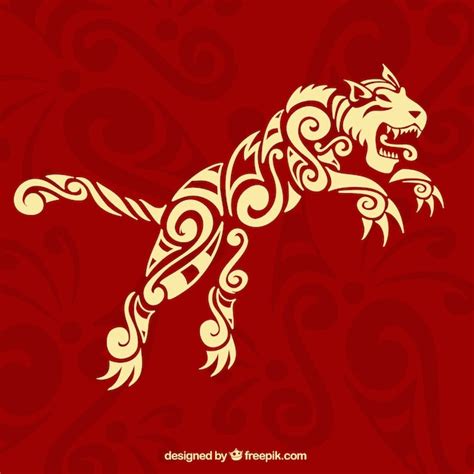 Red Background With Ethnic Ornamental Tiger Free Vector