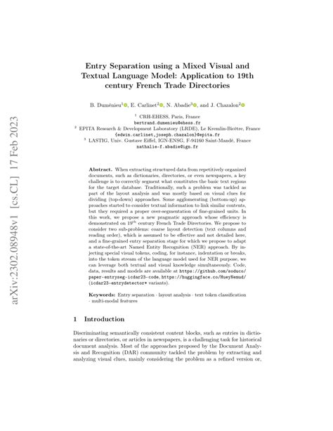 Pdf Entry Separation Using A Mixed Visual And Textual Language Model Application To 19th
