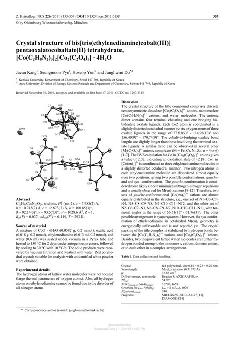 Pdf Crystal Structure Of Bis[tris Ethylenediamine Cobalt Iii ] Pentaoxalatocobaltate Ii