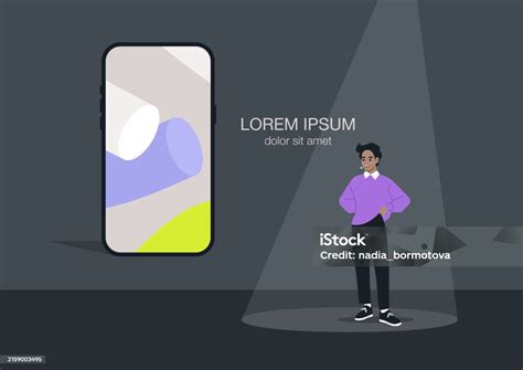 캐릭터가 스포트라이트 아래 당당하게 서서 무대에서 새로운 기술 제품을 발표하고 연례 대형 브랜드 행사 스타트업 기술 기자 회견을 합니다 Brand Name Smart