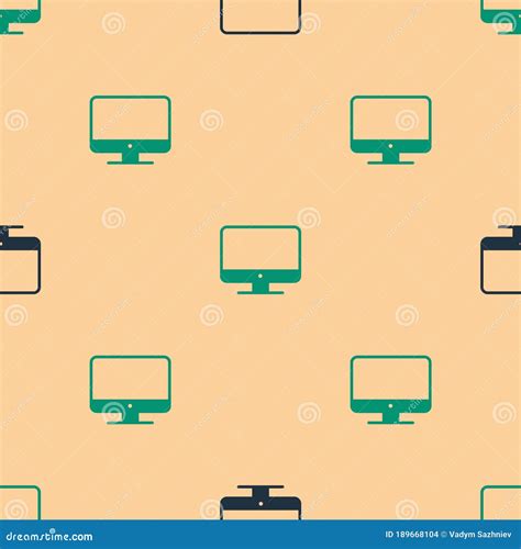 Green And Black Computer Monitor Screen Icon Isolated Seamless Pattern On Beige Background