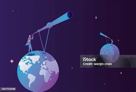 두 명의 사업가가 지구와 달에 서서 망원경을 사용하여 공간을 볼 수 있습니다 망원경에 대한 스톡 벡터 아트 및 기타 이미지 망원경 성운 일러스트레이션 Istock