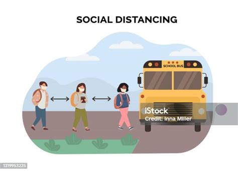 학교에서 사회적 분열의 개념 다민족 노란색 학교 버스에 의해 포착 할 때 안전한 거리를 유지 인종 아이들을 혼합 얼굴 마스크를