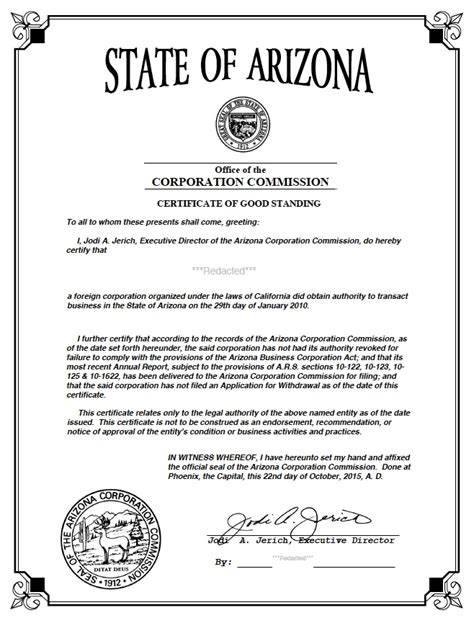 Arizona Certificate Of Good Standing Harbor Compliance