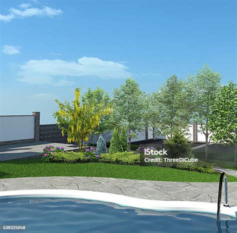 뒷뜰에서 원 예 배경기술 3d 렌더 수영장 스포츠 경기장에 대한 스톡 사진 및 기타 이미지 수영장 스포츠 경기장 꽃 식물