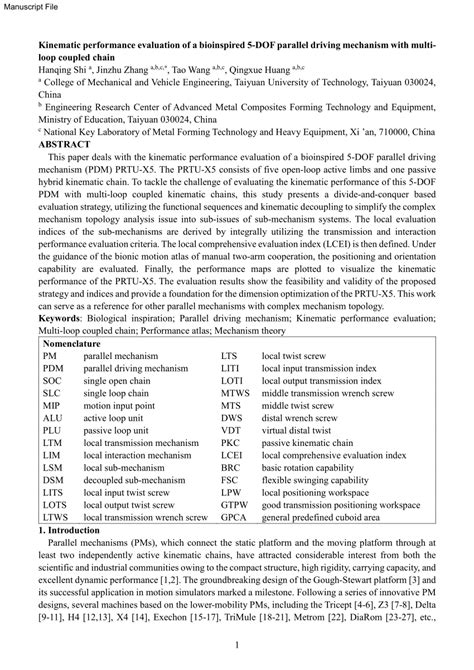 pdf kinematic performance evaluation of a bioinspired 5 dof parallel