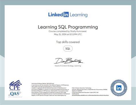 Completed Learning Sql Programming Course On Linkedin Shaily