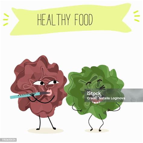 캐릭터 만화 녹색과 빨간색 Trocadero 양상추 Lactuca Sativa 벡터 일러스트 레이 션 재미 있는 채소 쾌활한 야채의 샐러드 가격표에 대한 스톡 벡터 아트 및