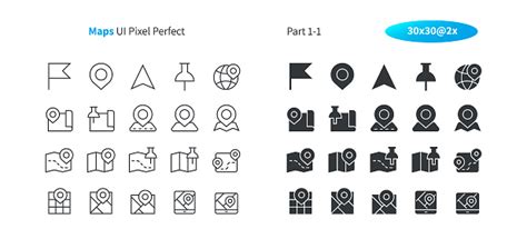지도 Ui 픽셀 완벽 한 잘 만들어진 벡터 얇은 선 및 고체 아이콘 30 2 그리드 웹 그래픽 및 애플 리 케이 션에 대 한 X