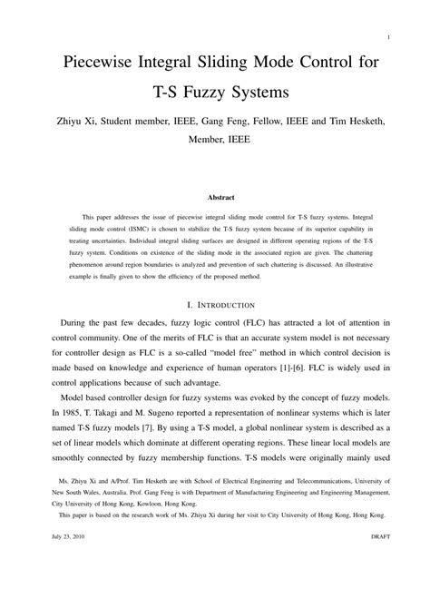 Pdf Piecewise Integral Sliding Mode Control For T S Fuzzy Systems