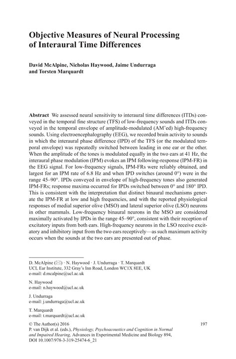 Pdf Objective Measures Of Neural Processing Of Interaural Time Differences