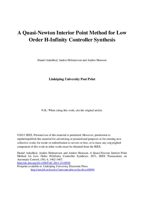 Pdf A Quasi Newton Interior Point Method For Low Order H Infinity Controller Synthesis