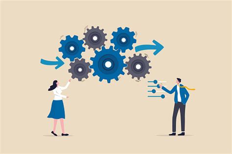 워크플로 관리 최상의 결과를 위한 작업 프로세스 최적화 팀 관리 또는 개발 계획 및 절차 개념 최상의 결과를 위해 코그휠 워크플로우 시스템을 최적화하는 사업가 관리자 기업