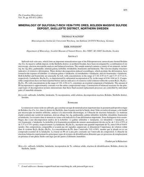 Pdf Mineralogy Of Sulfosalt Rich Vein Type Ores Boliden Massive