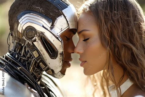 A Humanoid Robot And A Woman Share An Intimate Close Moment Symbolizing Emotional Connection And