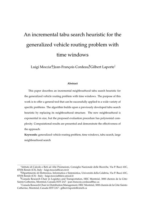 Pdf An Incremental Tabu Search Heuristic For The Generalized Vehicle Routing Problem With Time