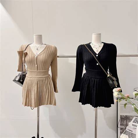 이프유마인 니트스커트set하이틴 겨울 치치 브이넥 긴팔 골지 니트 가디건 밴딩 A라인 플레어 주름 플리츠 테니스 미니 스커트 투피스 세트 4color