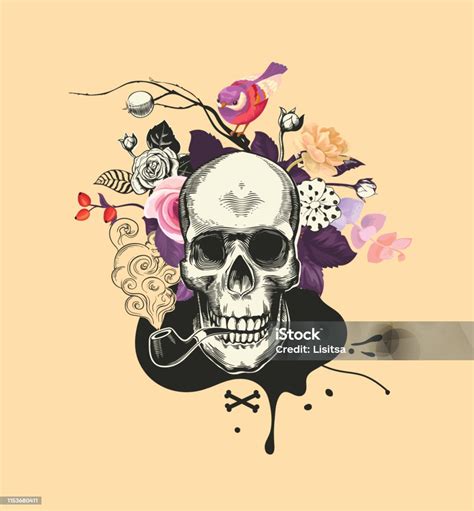 목 판화 스타일에 그려진 인간의 두개골은 반색 꽃과 배경에 검은 색의 무리에 대 한 발 연 담배 파이프를 피우는 벡터 일러스트