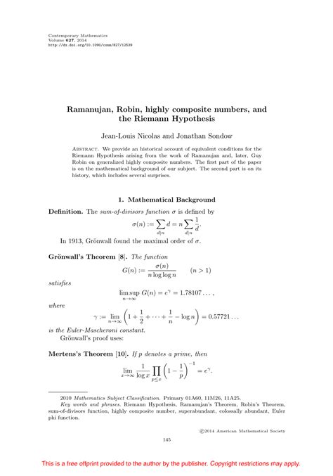 Ramanujan Robin Highly Composite Numbers And The Riemann Hypothesis