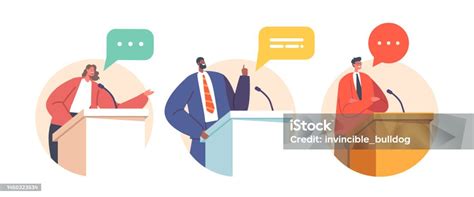 토론 중에 책상 뒤에서 말하는 정치 후보자 고립된 라운드 아이콘 또는 아바타 벡터 일러스트 레이 션 마이크에 대한 스톡 벡터 아트 및 기타 이미지 Istock