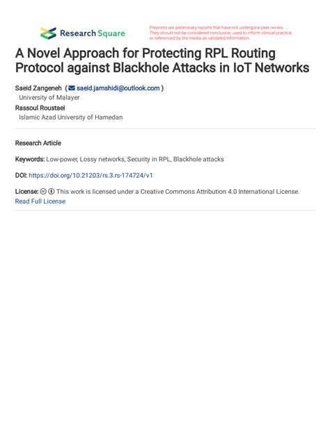 Pdf A Novel Approach For Protecting Rpl Routing Protocol Against
