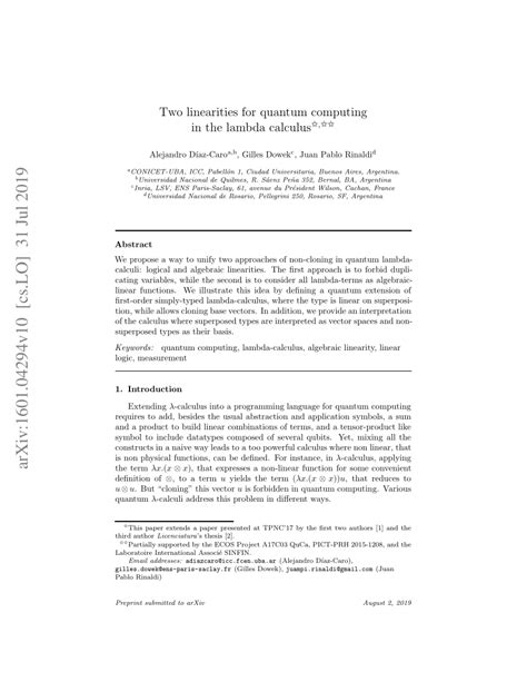 Pdf Two Linearities For Quantum Computing In The Lambda Calculus