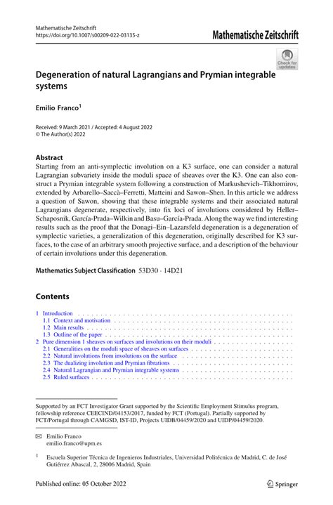 Pdf Degeneration Of Natural Lagrangians And Prymian Integrable Systems