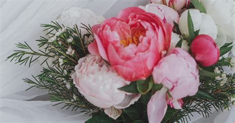 아름 다운 세련 된 모란 꽃다발 선물 상자 및 부드러운 흰색 천의 배경에 인사말 카드 세라믹 꽃병에 분홍색과 흰색 모란 꽃입니다 행복한 어머니의 날 신부의 아침 사진