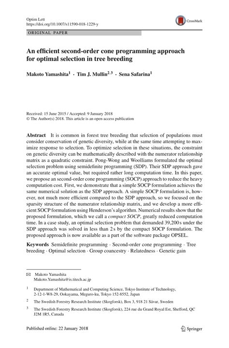 Pdf An Efficient Second Order Cone Programming Approach For Optimal Selection In Tree Breeding