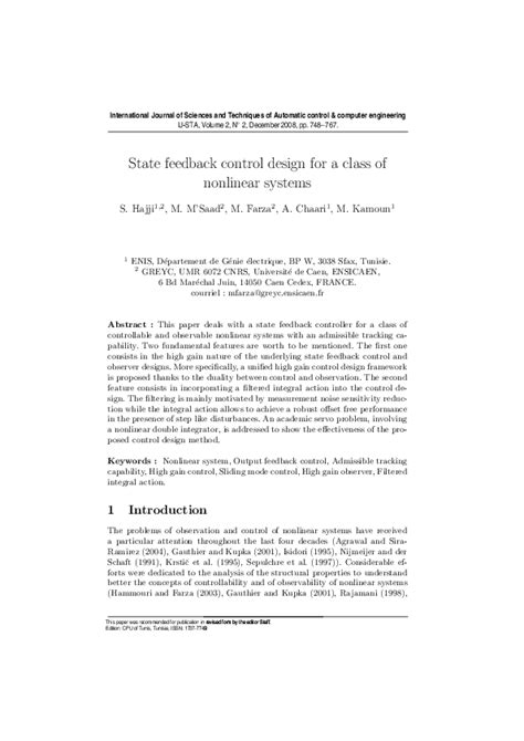 Pdf State Feedback Control Design For A Class Of Nonlinear Systems
