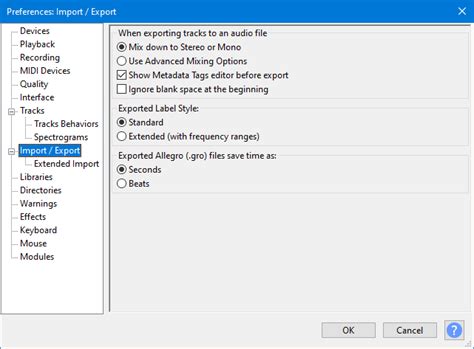 Import Export Preferences Audacity Manual