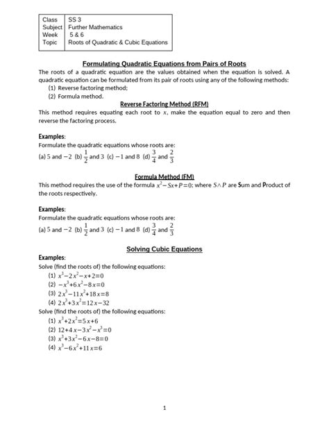 Roots Of Quadratic And Cubic Equations Pdf