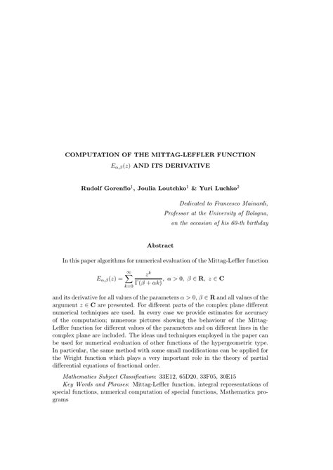 Pdf Computation Of The Mittag Leffler Function And Its Derivatives