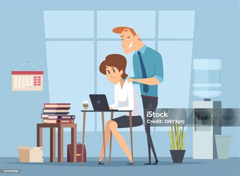 사무실 괴롭힘 직장에서의 성추행 리더 및 여성 노동자 관리 벡터 일러스트 관능에 대한 스톡 벡터 아트 및 기타 이미지 관능 학대 감정 Istock