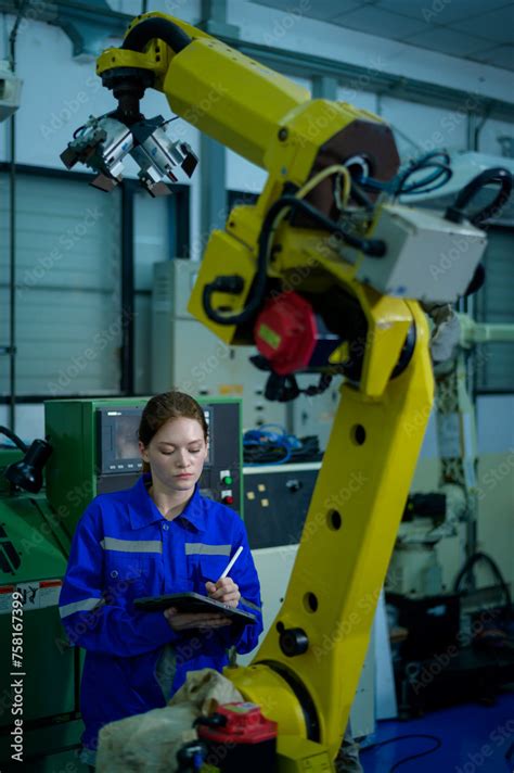 Female Robotics Engineer Working With Programming And Manipulating Robot Hand Industrial