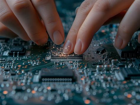 Premium Photo Microcircuit Board And Masters Hands Micro Chip Colored