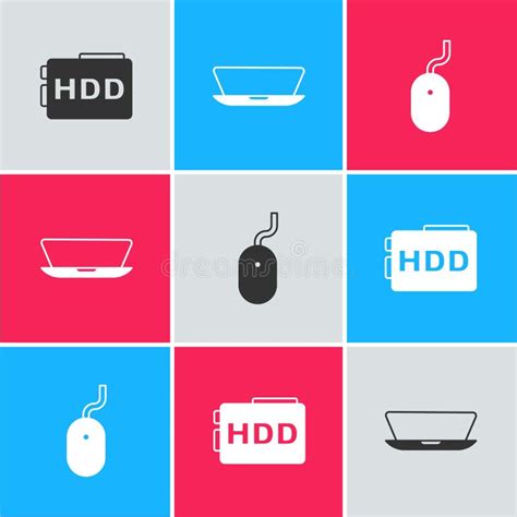 Set Hard Disk Drive Hdd Laptop And Computer Mouse Icon Vector Stock Vector Illustration Of