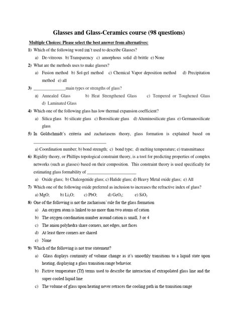 Glasses And Glass Ceramic 100 Questions Pdf Glasses Silicon Dioxide