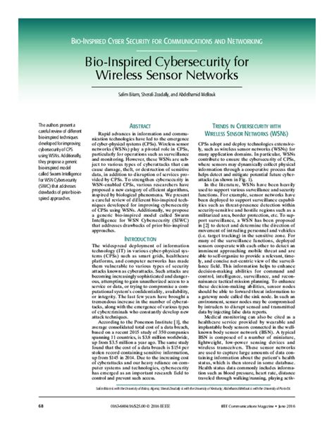 Pdf Bio Inspired Cybersecurity For Wireless Sensor Networks