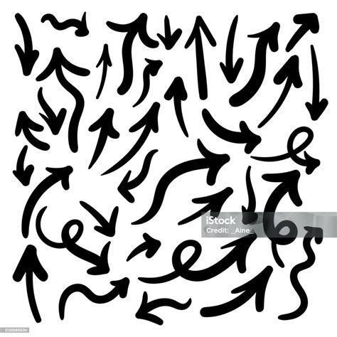 손으로 그린 잉크 화살표 세트 물결 모양의 마커 스케치 흰색 배경에 고립 된 곱슬 포인터 검은색에 대한 스톡 벡터 아트 및 기타 이미지 Istock