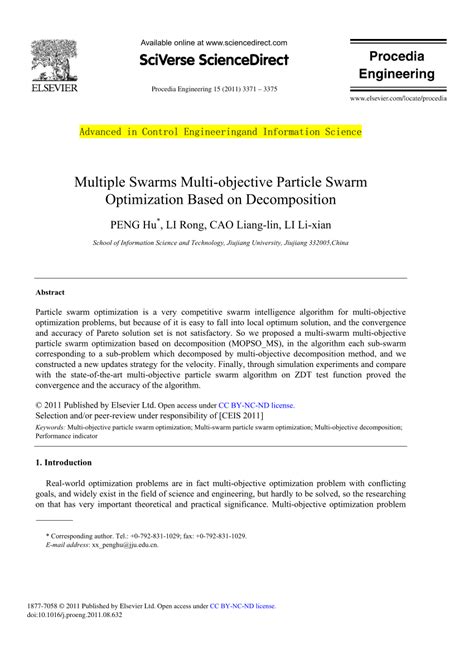 Pdf Multiple Swarms Multi Objective Particle Swarm Optimization Based