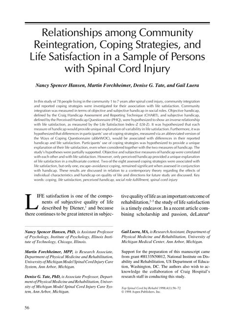Pdf Relationships Among Community Reintegration Coping Strategies And Life Satisfaction In A