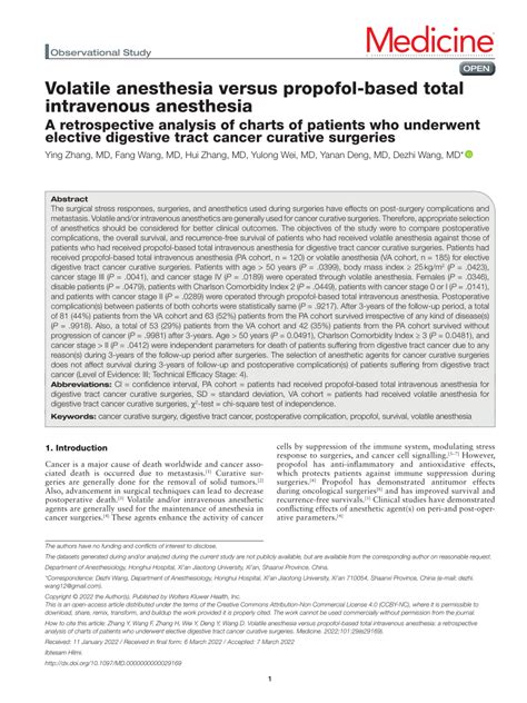 Pdf Volatile Anesthesia Versus Propofol Based Total Intravenous Anesthesia A Retrospective
