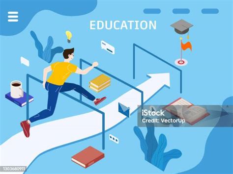 개념 젊은 남자는 장애물을 극복 방향 화살표를 따라 실행 교육 졸업 모자를 받고 결승선에 가는 장벽 아이콘 벡터 플랫 만화