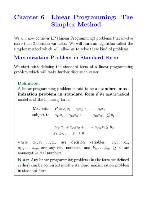 Simplex Method Csc725 Lecture Note Chapter 6 Linear Programming