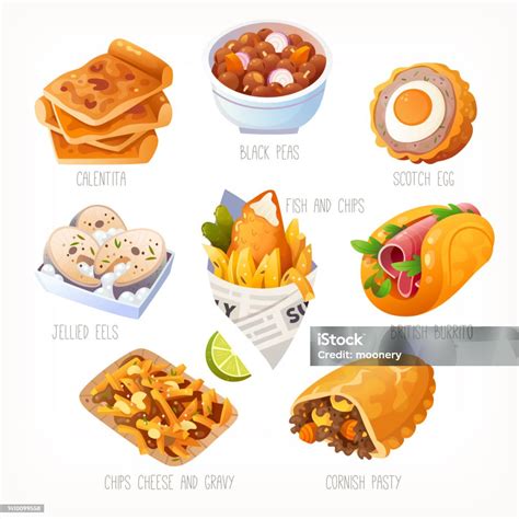 이름을 가진 고전적인 영국 전통 거리 음식 컬렉션 점심 식사 스낵 및 저녁 식사를 위해 갈 패스트 푸드 피쉬 앤 칩스에 대한