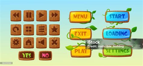 Game Menu Interface Wooden Board With Buttons Restart Loading Play Settings And Exit Cartoon