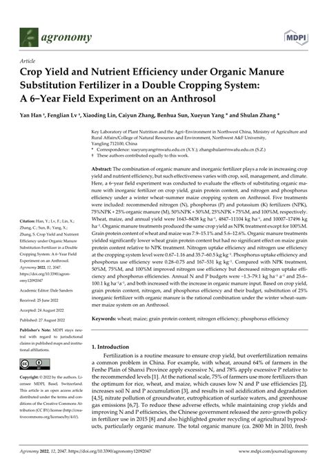 Pdf Crop Yield And Nutrient Efficiency Under Organic Manure Substitution Fertilizer In A