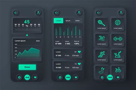 피트니스 운동 독특한 중형 디자인 키트 스포츠 활동 플래너 심박수 모니터 및 온라인 분석과 피트니스 추적기 응용 프로그램 스포츠 Ui Ux 템플릿 세트 건강한 생활방식에