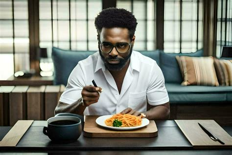A Man With A Beard And Glasses Eating Spaghetti AI Generated Stock Photo At Vecteezy